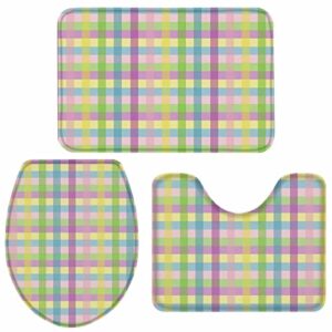 fashion 3 piece bath rugs set fresh spring happy easter colorful retro buffalo check plaid printed non slip ultra soft bathroom mats, u shape mat and toilet lid cover mat bath mats