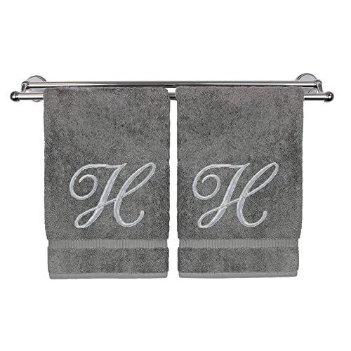 Monogrammed Washcloth Towel, Personalized Gift, 13x13 Inches - Set of 2 - Silver Script Embroidered Towel - Extra Absorbent 100% Turkish Cotton - Soft Terry Finish - Initial H Gray