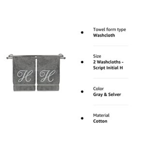 Monogrammed Washcloth Towel, Personalized Gift, 13x13 Inches - Set of 2 - Silver Script Embroidered Towel - Extra Absorbent 100% Turkish Cotton - Soft Terry Finish - Initial H Gray