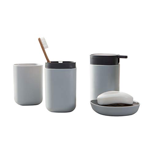 Bath Bliss Contemporary 4 Piece Set | Tumbler | Toothbrush Holder | Soap Dish | Soap Pump | Two Tone | Contemporary Design | Bathroom Accessories | Rust Proof | Grey