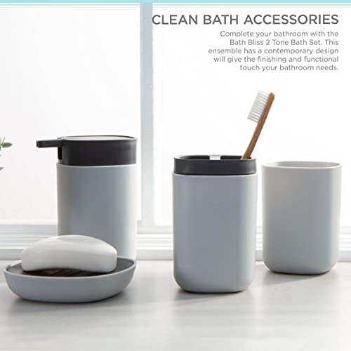 Bath Bliss Contemporary 4 Piece Set | Tumbler | Toothbrush Holder | Soap Dish | Soap Pump | Two Tone | Contemporary Design | Bathroom Accessories | Rust Proof | Grey