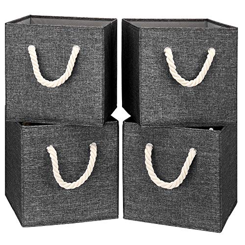 Foldable Fabric Storage Cube Bins Grey Cloth Cube Storage Organizer Bin with Cotton Rops 10.5x10.5x11 Inch Collapsible Clothes Storage Cubes Baskets Drawers Organizer Cubicle Storage Boxes for Organizing Closet Shelves ,Q-ST-59-4