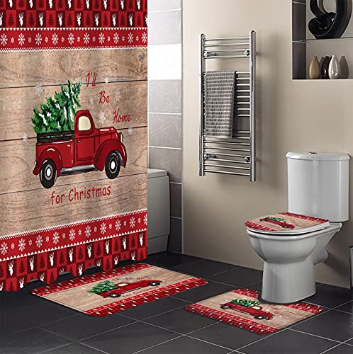 ZEREAA 4 Pcs Christmas Shower Curtain Set with Non-Slip Rugs, Toilet Lid Cover and Bath Mat, Bathroom Decor Set with 12 Hooks, Waterproof Fabric Bathroom Curtain, Truck