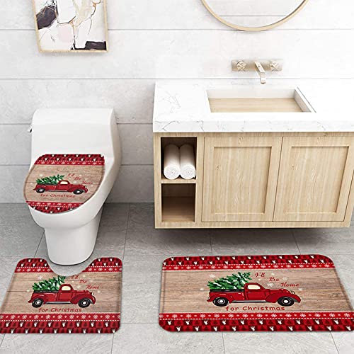 ZEREAA 4 Pcs Christmas Shower Curtain Set with Non-Slip Rugs, Toilet Lid Cover and Bath Mat, Bathroom Decor Set with 12 Hooks, Waterproof Fabric Bathroom Curtain, Truck