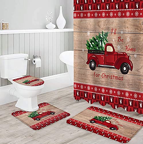 ZEREAA 4 Pcs Christmas Shower Curtain Set with Non-Slip Rugs, Toilet Lid Cover and Bath Mat, Bathroom Decor Set with 12 Hooks, Waterproof Fabric Bathroom Curtain, Truck