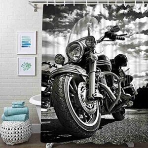 4 Piece Motorbike Waterproof Fabric Bathroom Sets with Non-Slip Rugs, Toilet Lid Cover and Bath Mat, Waterproof Shower Curtain with Standard Size