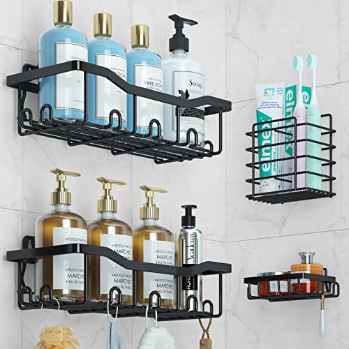 Linksandt Shower Caddy, 4 Pack Shower Shelves, Adhesive & Drilling 2 in 1 Bathroom Organizer, Large Capacity, Rustproof Stainless Steel Bathroom Shower Organizer, Shower Shelf for Inside Shower, Black