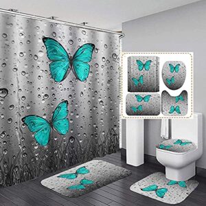 bbset 4pcs shower curtain set teal butterfly raindrop rose flower non-slip pedestal rug toilet lid cover bathroom bath mat doormat shower curtain 70x70 inch with 12 hooks home decor (teal butterfly)