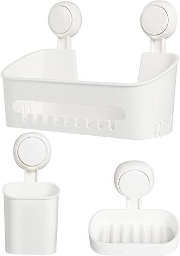 Uten Shower Caddy without Drilling & Soap Dish Suction Cup & Toothbrush Holder, 3-in-1 Bathroom Shelves Set Made of Plastic, Reusable for Kitchen, Bathroom, Living Room, White