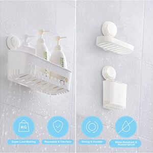 Uten Shower Caddy without Drilling & Soap Dish Suction Cup & Toothbrush Holder, 3-in-1 Bathroom Shelves Set Made of Plastic, Reusable for Kitchen, Bathroom, Living Room, White