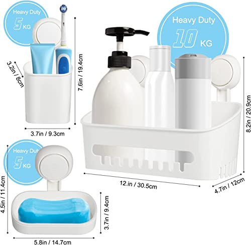 Uten Shower Caddy without Drilling & Soap Dish Suction Cup & Toothbrush Holder, 3-in-1 Bathroom Shelves Set Made of Plastic, Reusable for Kitchen, Bathroom, Living Room, White