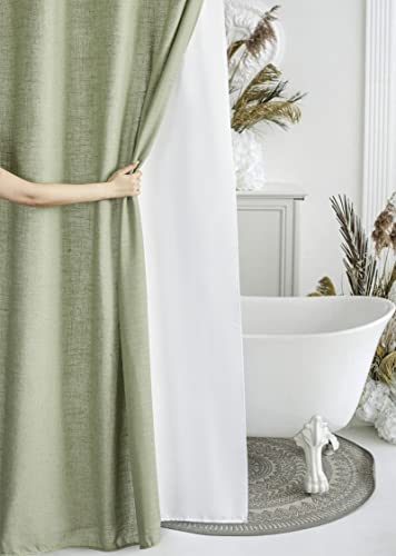 Estmy Sage Green Linen Bathroom Shower Curtain and Fabric Shower Liner Set 2 in 1 Extra Long 72x84, Flax Linen Textured Modern Farmhouse Boho Chic Cute Shower Curtain Set Bathroom Decor