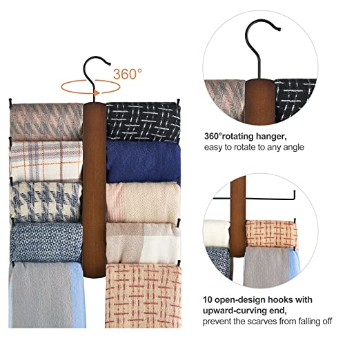 Mkono 2 Pack Scarf Hanger Wooden Scarf Organizer for Closet Space Saving and Belt Hanger for Closet Wooden Belt Ties Rack with 11 Hooks