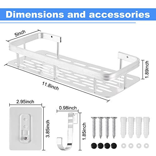 Shower Basket With 4 Hooks Strong Self-Adhesive Shower Shelf For Shampoo And Conditioner Bathroom Storage or Dormitory Kitchen SUS304 Stainless Steel Rust Proof, 3 Pack No Drilling Rust Proof - Silver