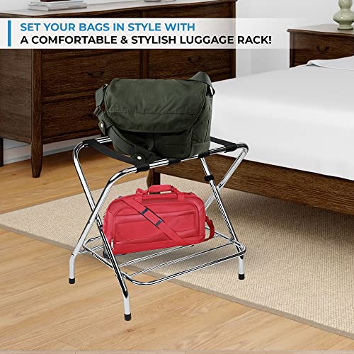 USTECH 2 Tier X-Shape Folding Luggage Rack | Heavy Duty Metal Stand with Nylon Straps and Rubber Feet for Added Stability | Suitcase Bag Holder for Guest Room, Bedroom, and Kitchen