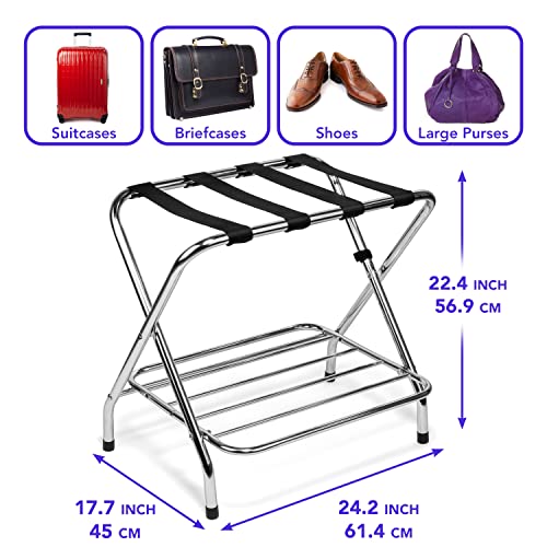 USTECH 2 Tier X-Shape Folding Luggage Rack | Heavy Duty Metal Stand with Nylon Straps and Rubber Feet for Added Stability | Suitcase Bag Holder for Guest Room, Bedroom, and Kitchen