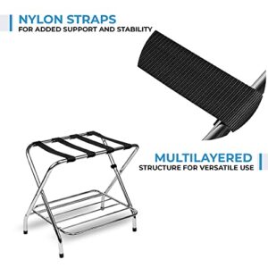 USTECH 2 Tier X-Shape Folding Luggage Rack | Heavy Duty Metal Stand with Nylon Straps and Rubber Feet for Added Stability | Suitcase Bag Holder for Guest Room, Bedroom, and Kitchen