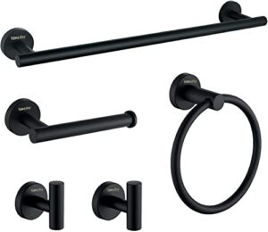 homestep 5 pcs bathroom hardware set, stainless steel round wall mounted include 20" bath towel bar ,toilet paper holder , hand towel ring , 2 towel robe hooks ,bathroom accessories kit (matte black)