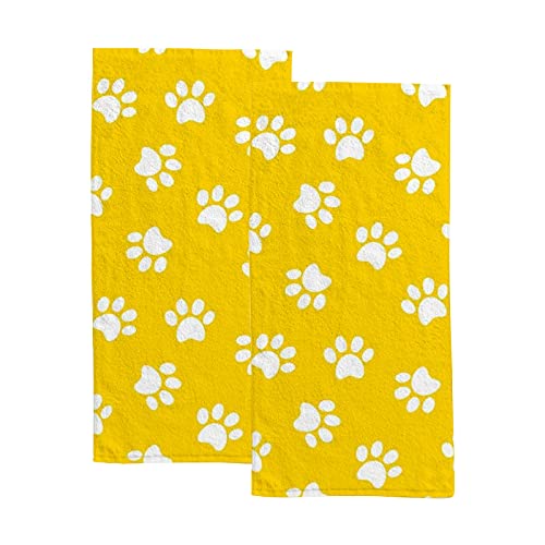 Soft Hand Fingertip Towels 2 Pcs Face Bath Towels Yellow Paw Print Absorbent Washcloths for Bathroom Hotel Kitchen 30x15in