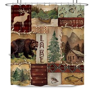 LIGHTINHOME Retro Cabin Shower Curtain 60Wx72H Inches Rustic Bear Deer Country Hunting Wildlife Lodge Tribal Farmhouse Western Bathroom Home Decor Cloth Fabric Waterproof Polyester Set with Hooks