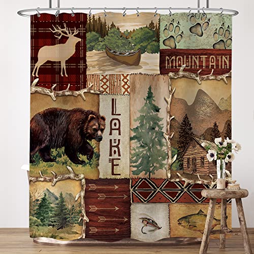 LIGHTINHOME Retro Cabin Shower Curtain 60Wx72H Inches Rustic Bear Deer Country Hunting Wildlife Lodge Tribal Farmhouse Western Bathroom Home Decor Cloth Fabric Waterproof Polyester Set with Hooks