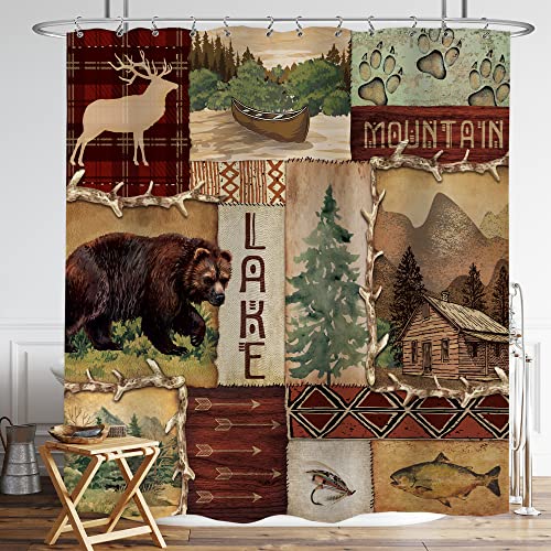 LIGHTINHOME Retro Cabin Shower Curtain 60Wx72H Inches Rustic Bear Deer Country Hunting Wildlife Lodge Tribal Farmhouse Western Bathroom Home Decor Cloth Fabric Waterproof Polyester Set with Hooks