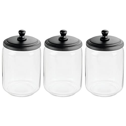 mDesign Small Modern Apothecary Storage Organizer Canister Jars - Glass Containers for Bathroom, Organization Holder for Vanity, Counter, Makeup Table, Hyde Collection, 3 Pack, Clear/Black