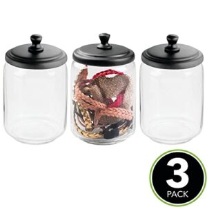 mDesign Small Modern Apothecary Storage Organizer Canister Jars - Glass Containers for Bathroom, Organization Holder for Vanity, Counter, Makeup Table, Hyde Collection, 3 Pack, Clear/Black