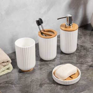 KRALIX Four Piece Bathroom Vanity Accessory Set - Includes Toothbrush Holder, Lotion Dispenser, Soap Dish and Tumbler (White)