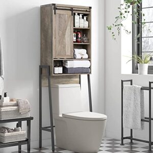 saedew over the toilet storage cabinet, farmhouse over toilet bathroom organizer with sliding barn door & adjustable shelves, freestanding space saver toilet stands, bathroom storage rack,grey