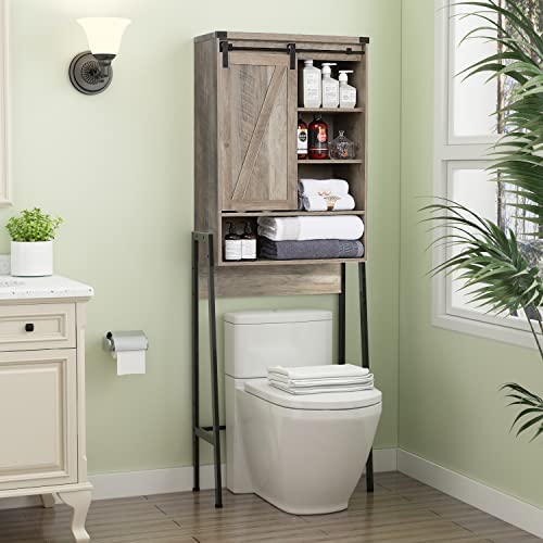 Saedew Over The Toilet Storage Cabinet, Farmhouse Over Toilet Bathroom Organizer with Sliding Barn Door & Adjustable Shelves, Freestanding Space Saver Toilet Stands, Bathroom Storage Rack,Grey