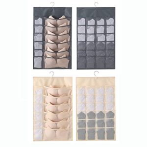 2 pcs closet hanging organizer with mesh pockets & rotating metal hanger, dual sided wall shelf wardrobe storage bags pockets, space saver bag for bra socks underwear underpants (beige&grey)