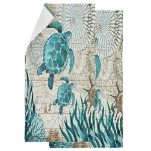 naanle vintage ocean sea turtles starfish map luxury 2-pack soft highly absorbent fluffy guest decor hand towels, multipurpose for bathroom, hotel, gym and spa (14" x 28",blue beige)