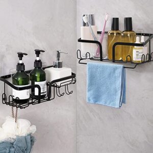 bathroom shower shelf organizer rack 2-pack, strong adhesive shower caddy with soap holder and 11 hooks, no drilling wall mounted rustproof stainless steel shower shelf for inside shower, black