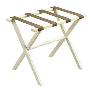 hotel ivory finish wood folding luggage rack with tan straps