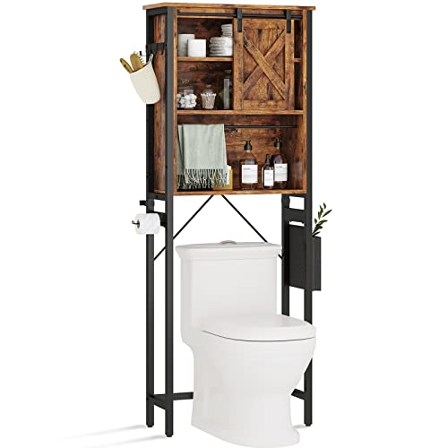 Itaar Over The Toilet Storage Cabinet, Farmhouse Over Toilet Bathroom Organizer, 4-Tier Bathroom Shelves Over Toilet, Over Toilet Storage with Storage Bag and Hooks, Rustic Brown