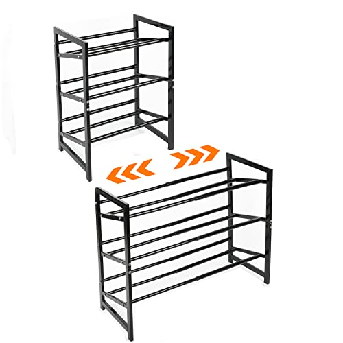 DILA Expandable Shoe Rack for Closet Entryway, 3 Tier Adjustable Shoe Shelf Modern Angled Shoes Storage Organizer, Sturdy Metal Free Standing Three Shelf Shoe Stand for Front Door Small Space, Black