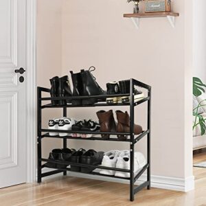 DILA Expandable Shoe Rack for Closet Entryway, 3 Tier Adjustable Shoe Shelf Modern Angled Shoes Storage Organizer, Sturdy Metal Free Standing Three Shelf Shoe Stand for Front Door Small Space, Black