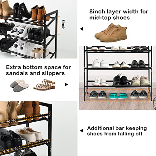 DILA Expandable Shoe Rack for Closet Entryway, 3 Tier Adjustable Shoe Shelf Modern Angled Shoes Storage Organizer, Sturdy Metal Free Standing Three Shelf Shoe Stand for Front Door Small Space, Black