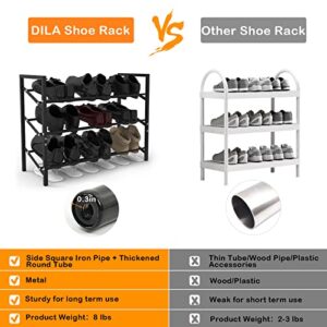 DILA Expandable Shoe Rack for Closet Entryway, 3 Tier Adjustable Shoe Shelf Modern Angled Shoes Storage Organizer, Sturdy Metal Free Standing Three Shelf Shoe Stand for Front Door Small Space, Black