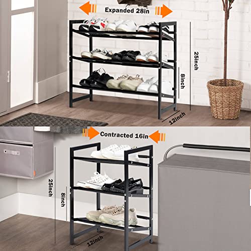 DILA Expandable Shoe Rack for Closet Entryway, 3 Tier Adjustable Shoe Shelf Modern Angled Shoes Storage Organizer, Sturdy Metal Free Standing Three Shelf Shoe Stand for Front Door Small Space, Black