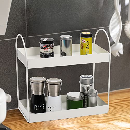 Hacaroa Bathroom Countertop Organizer with Handle, 2 Tier Kitchen Spice Rack Standing Shelf, Metal Cosmetic Makeup Storage Holder Vanity Tray Stand for Cabinet, Under Sink, White