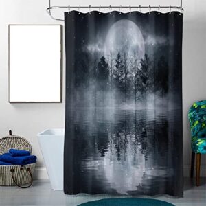 Zmcongz Night Forest 4 Piece Shower Curtain Sets Full Moon Tree Reflected in The Lake with 12 Hooks, Bath Mat Set Bathroom Decor by Durable Waterproof Fabric, 72x72 Inch