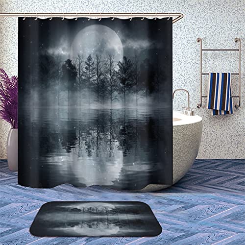 Zmcongz Night Forest 4 Piece Shower Curtain Sets Full Moon Tree Reflected in The Lake with 12 Hooks, Bath Mat Set Bathroom Decor by Durable Waterproof Fabric, 72x72 Inch