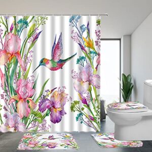 jonseqin 4 piece hummingbird shower curtain sets with non-slip rugs, toilet lid cover and bath mat, bathroom sets with shower curtain and rugs and 12 hooks accessories