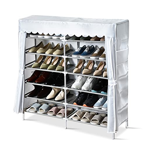 aceyoon 7-Tier Shoe Rack, 30 Pairs of Shoes Double Row Shoe Storage Organizer, Easy Assembly with Nonwoven Fabric Cover Shoe Cabinet for High Heels Boots Mens Shoes 45 x 45 x 11.4 inch (Gray)