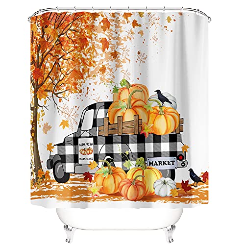 4 Pcs Sets Autumn Pumpkin Truck Shower Curtains Sets with Non-Slip Rugs, Toilet Lid Cover and Bath Mat, Durable, Waterproof Fall Leaves Buffalo Plaid Fall Farmhouse Shower Curtains with 12 Hook