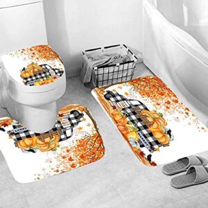 4 Pcs Sets Autumn Pumpkin Truck Shower Curtains Sets with Non-Slip Rugs, Toilet Lid Cover and Bath Mat, Durable, Waterproof Fall Leaves Buffalo Plaid Fall Farmhouse Shower Curtains with 12 Hook