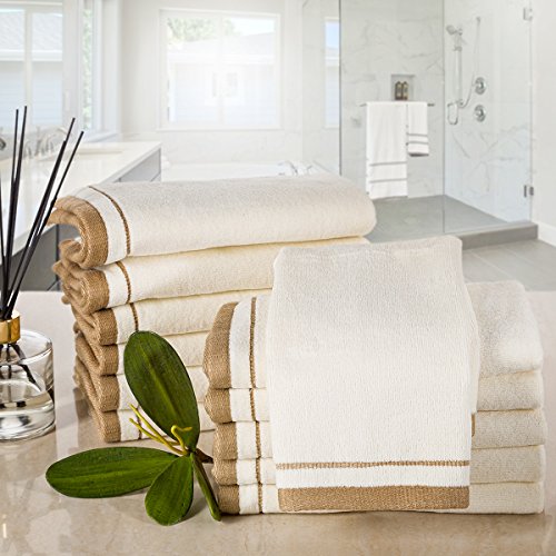 Creative Scents 100% Cotton Velour Fingertip Towel Set (12 Pack) Super Soft 11” x 18” Small Hand Towels, Extra-Absorbent Finger Tip Towels for Bathroom & Guests (Cream with Gold Brown Trim)