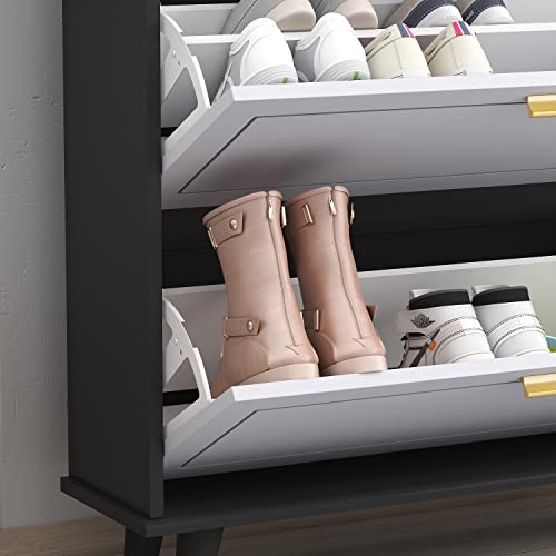 ECACAD Modern 3-Drawer Shoe Storage Cabinet, Wood 3 Tier Shoe Rack Storage Organizer for Entryway, Hallway, Black and White (35.4”W x 9.4”D x 47.2”H)